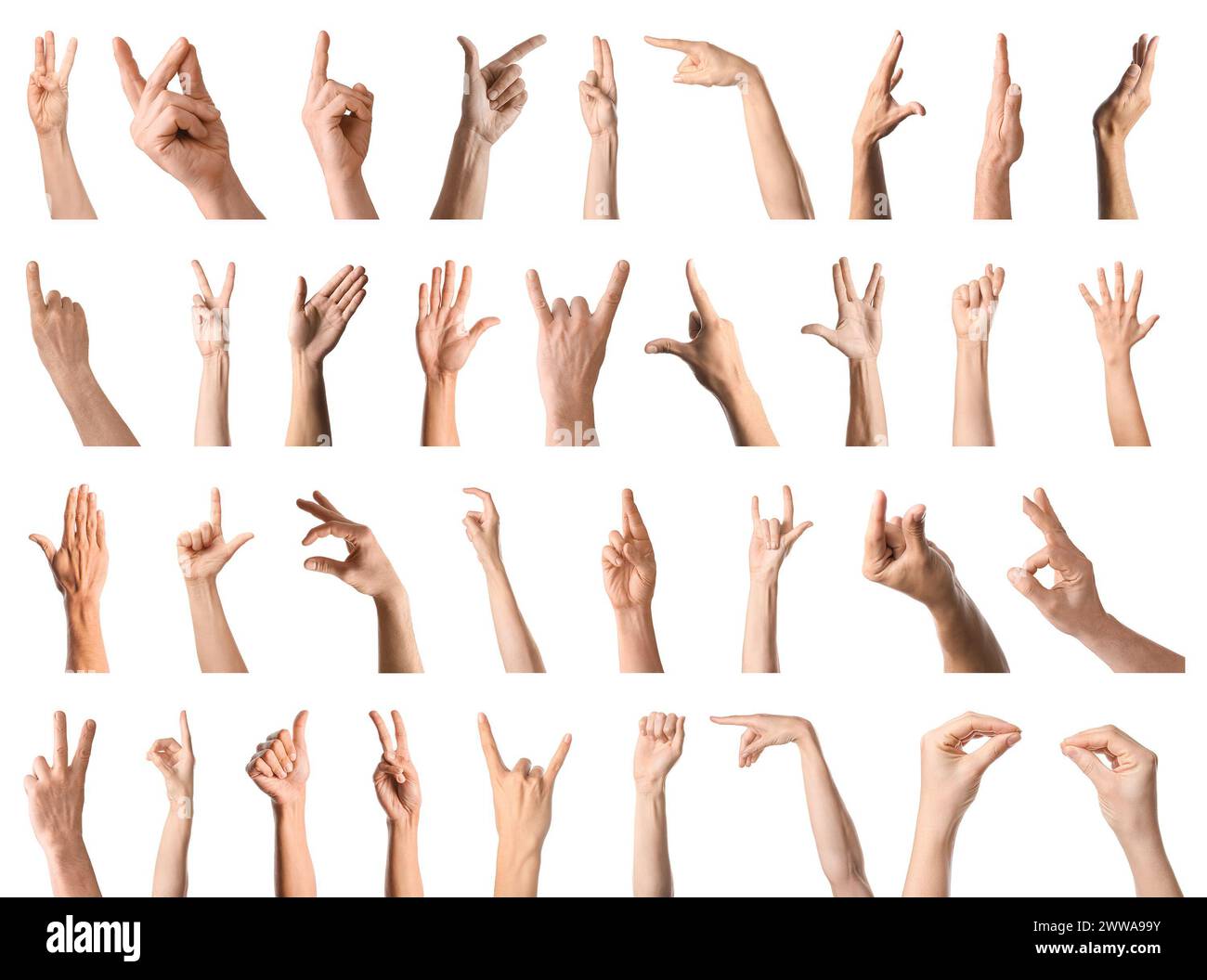 Set of hands using sign language on white background Stock Photo - Alamy