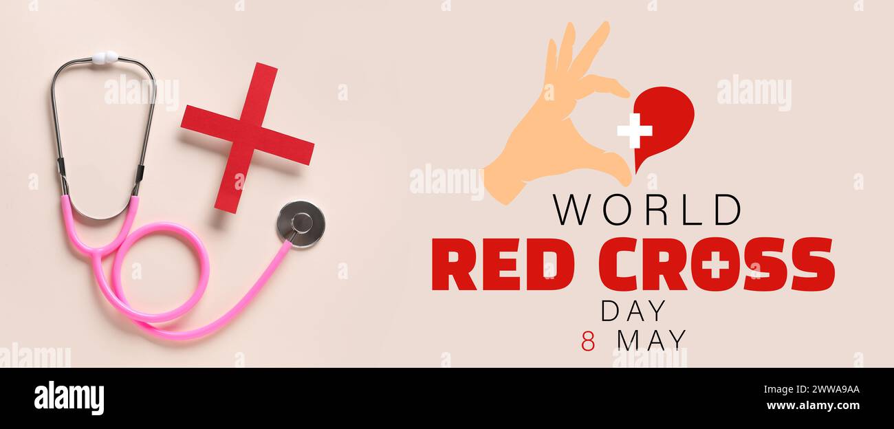 Stethoscope and cross on light background. Banner for World Red Cross ...