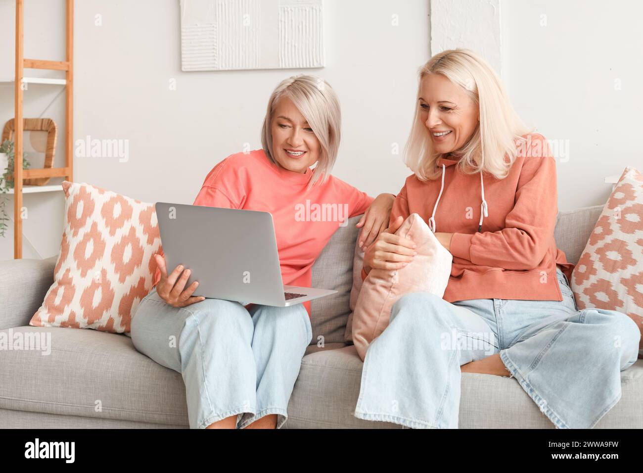 Mature female friends with laptop video chatting at home Stock Photo ...