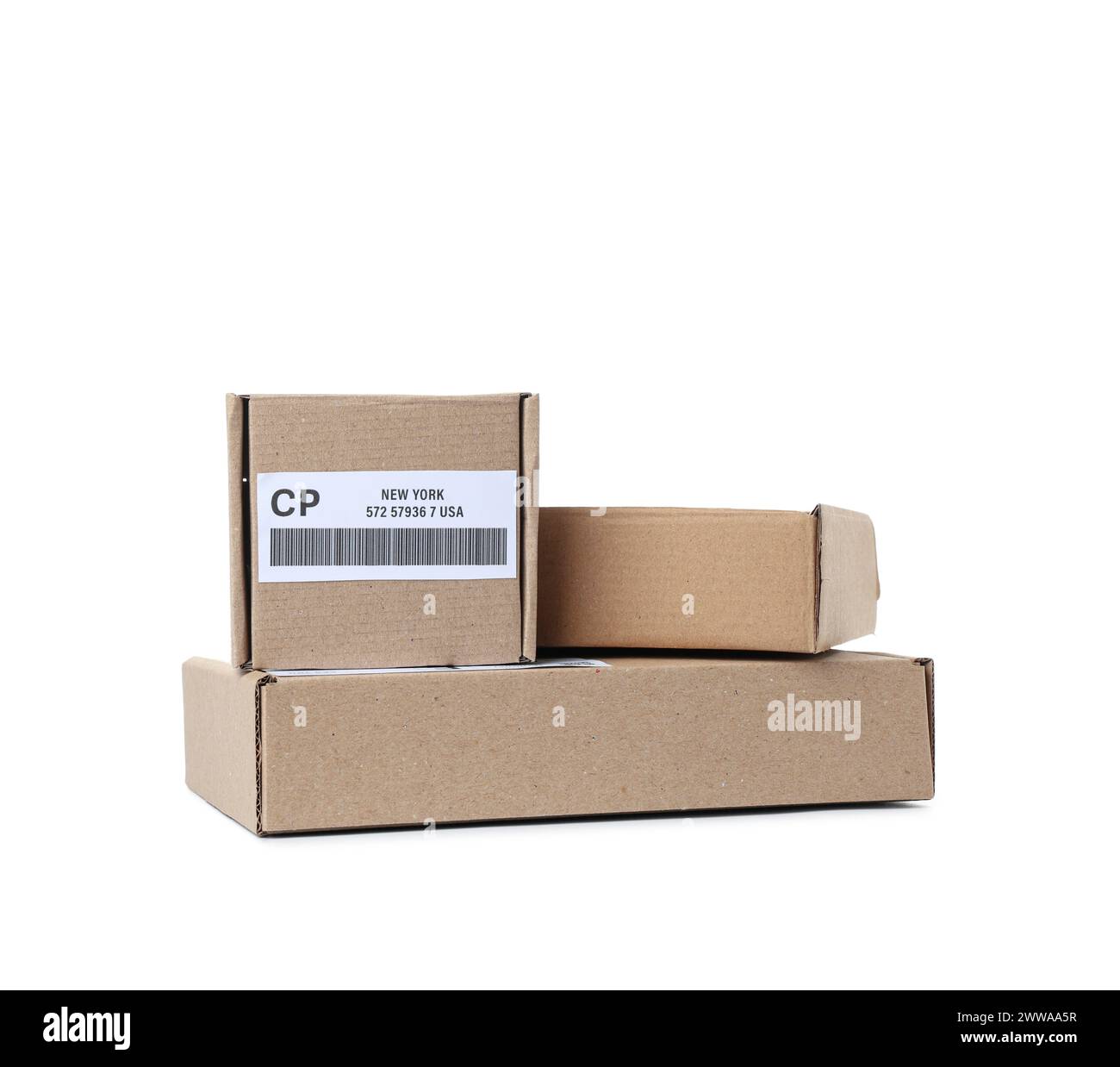 Cardboard packages with shipping label and barcode on white background ...