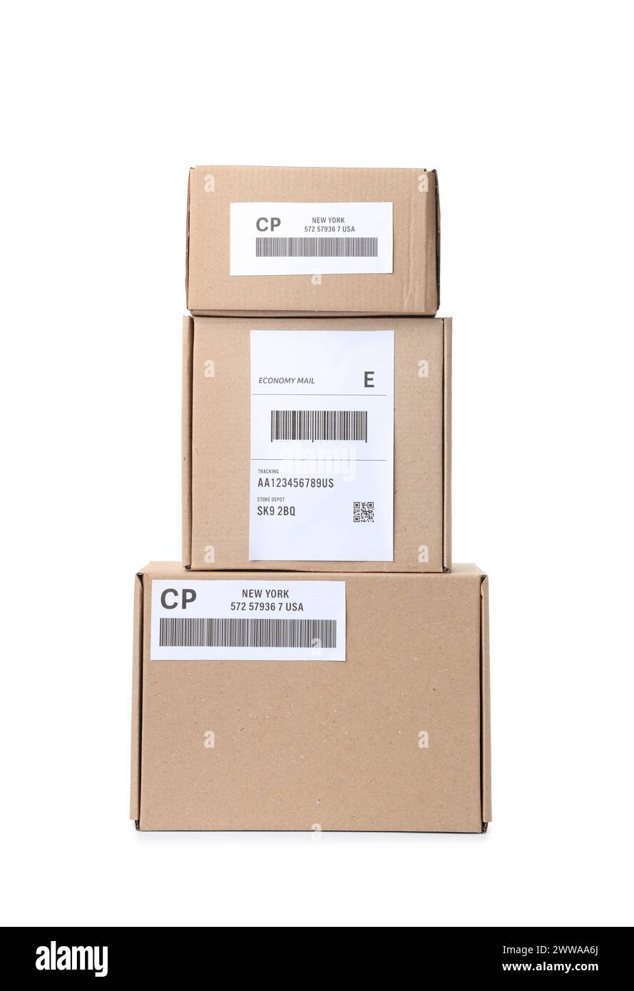 Cardboard packages with shipping labels and barcodes on white ...