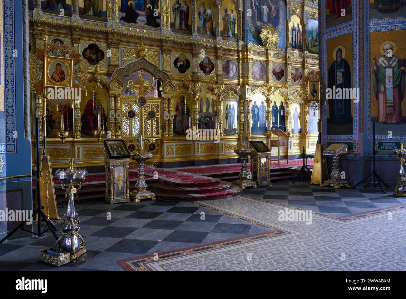 Interior of the medieval Christian Transfiguration Cathedral with altar ...