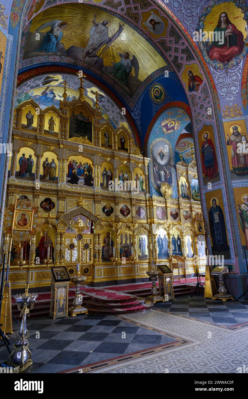 Interior of the medieval Christian Transfiguration Cathedral with altar ...