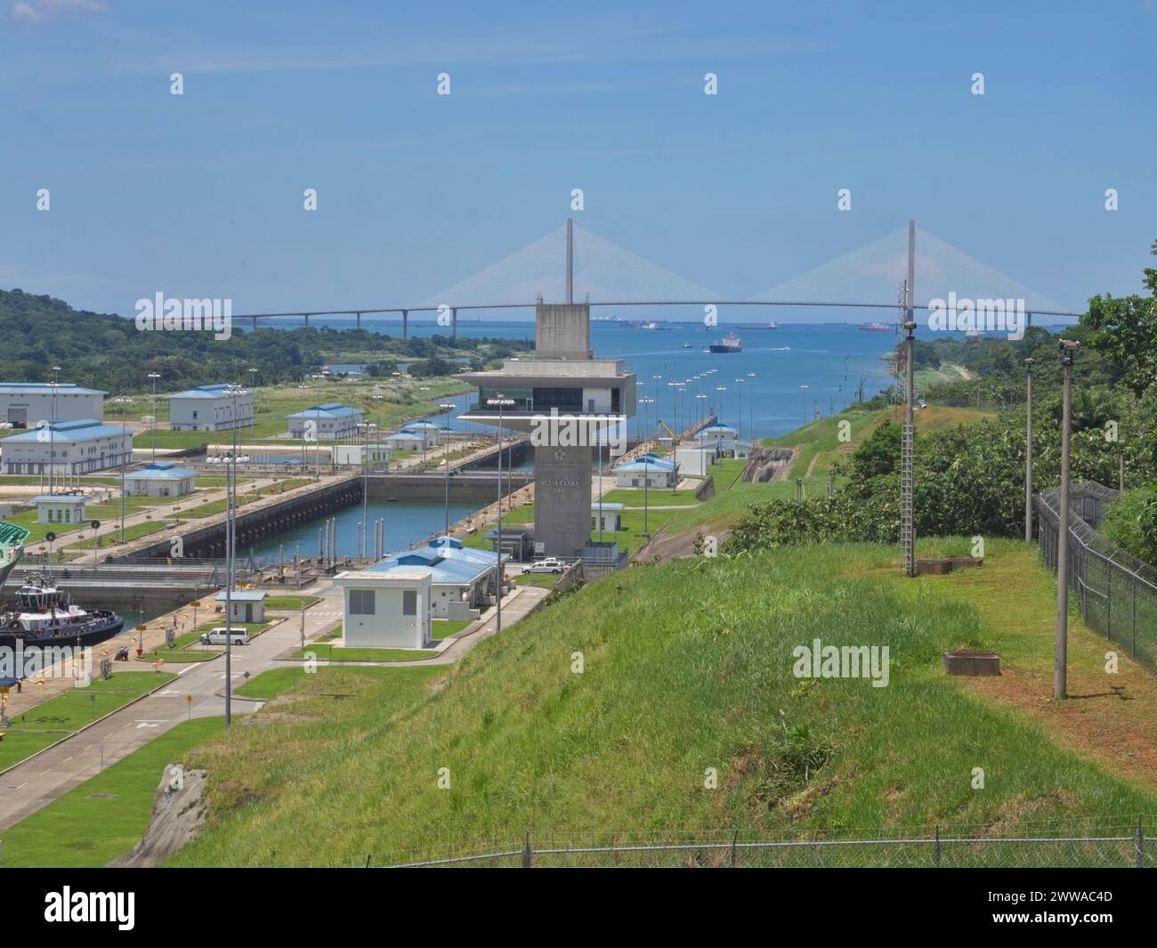 Agua Clara control tower and view of bridge Stock Photo - Alamy