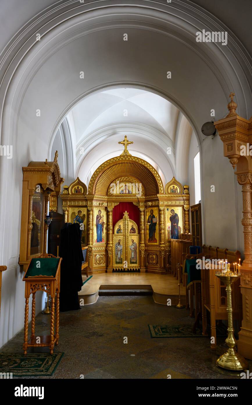 Interior of the medieval Christian Transfiguration Cathedral with icons ...