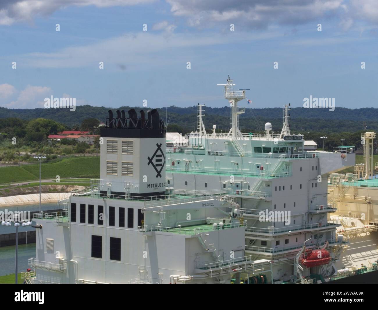 Boat passing through Agua Clara, Panama Canal Stock Photo - Alamy