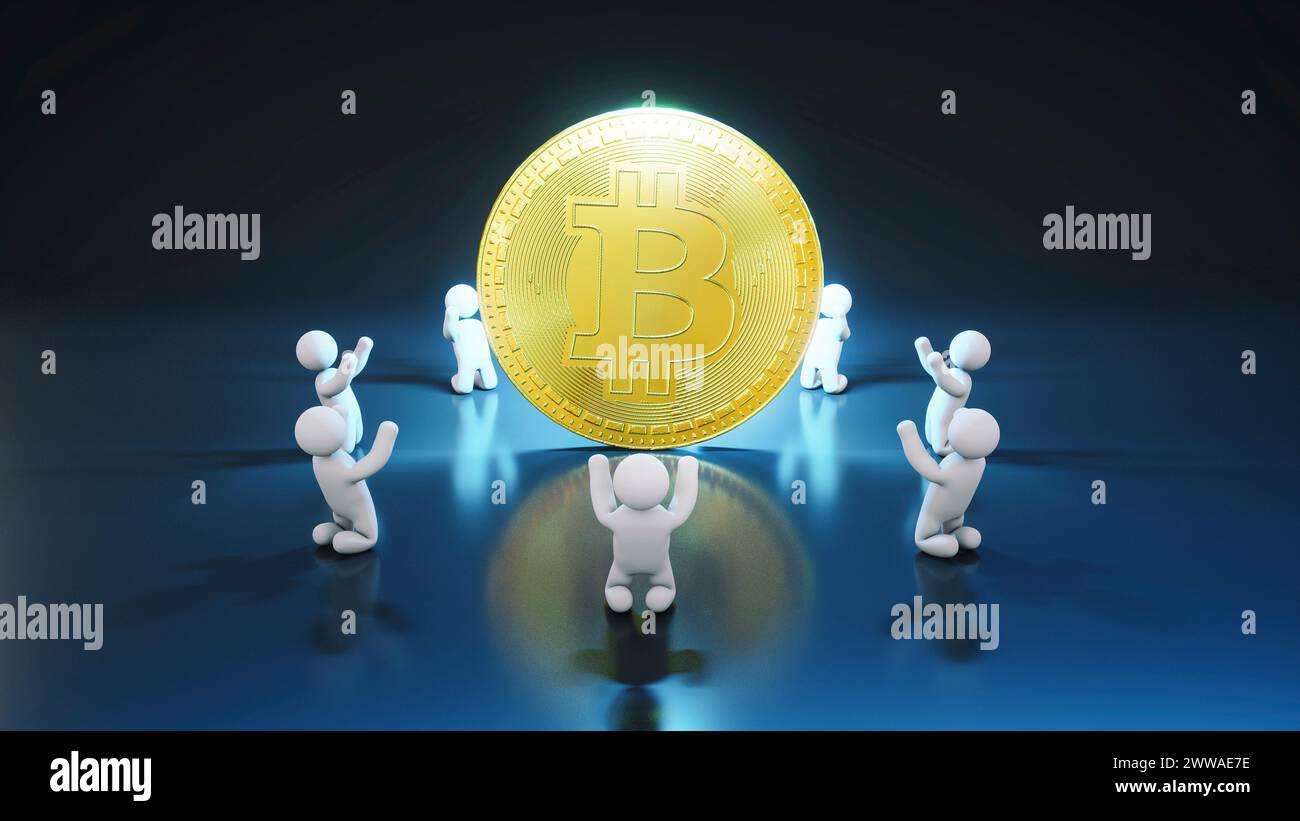 Worshiping bitcoin, conceptual illustration Stock Photo - Alamy