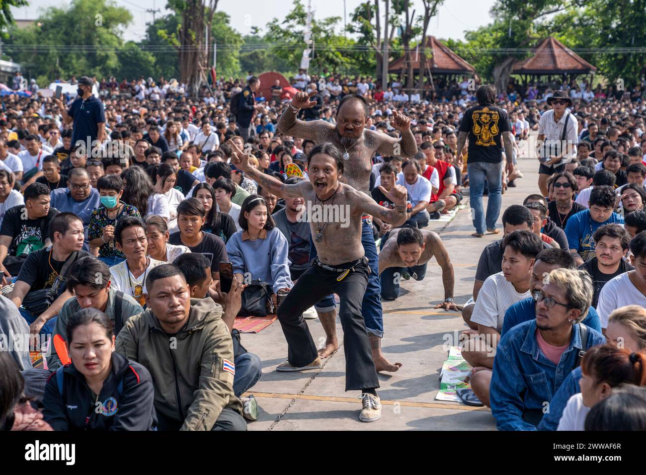 Nakhon Pathom, Thailand. 23rd Mar, 2024. Devotees who have had sacred ...