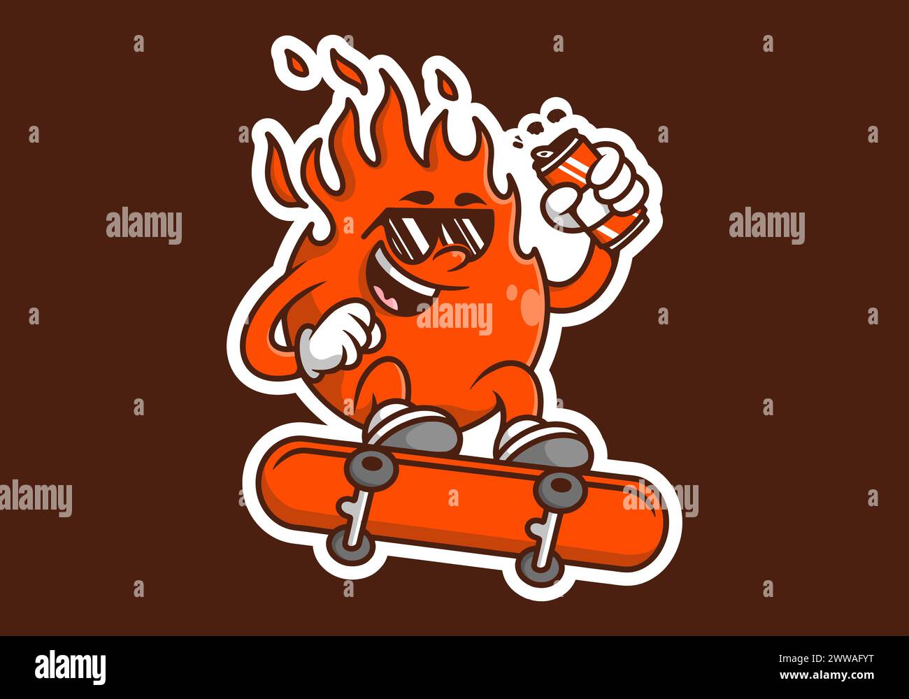 Red color design of fire mascot character jumping on board. Holding a ...