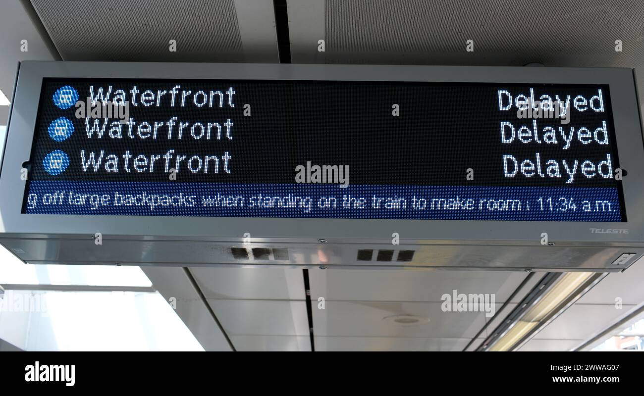 Blue line Skytrain train runs from waterfront to King's George metro ...