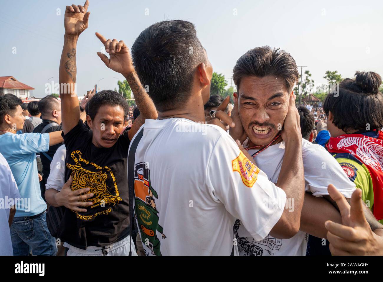 March 23, 2024, Nakhon Pathom, Thailand: Devotees who have had sacred ...