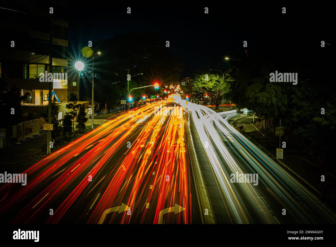 A dynamic long exposure of vehicular movement along the city's vibrant ...