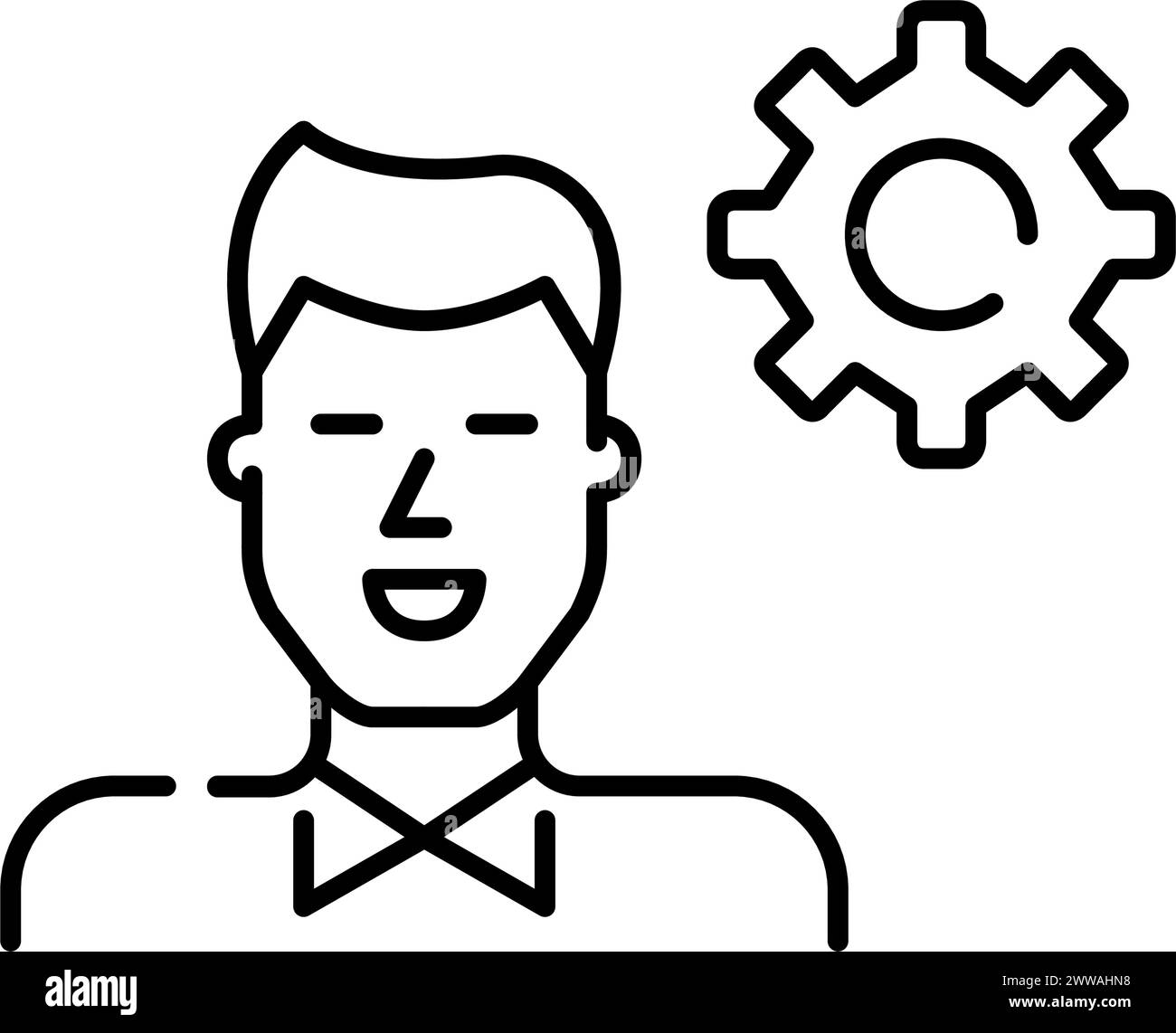 Smiling man in formal attire and cogwheel. Personal efficiency and ...
