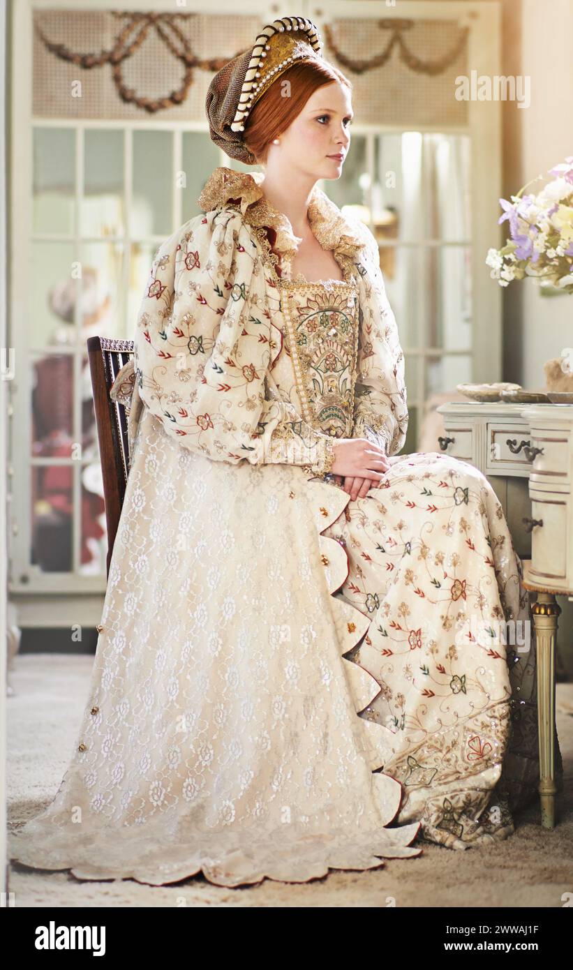 Woman, queen and royal in luxury, renaissance aesthetic and wealth with ...