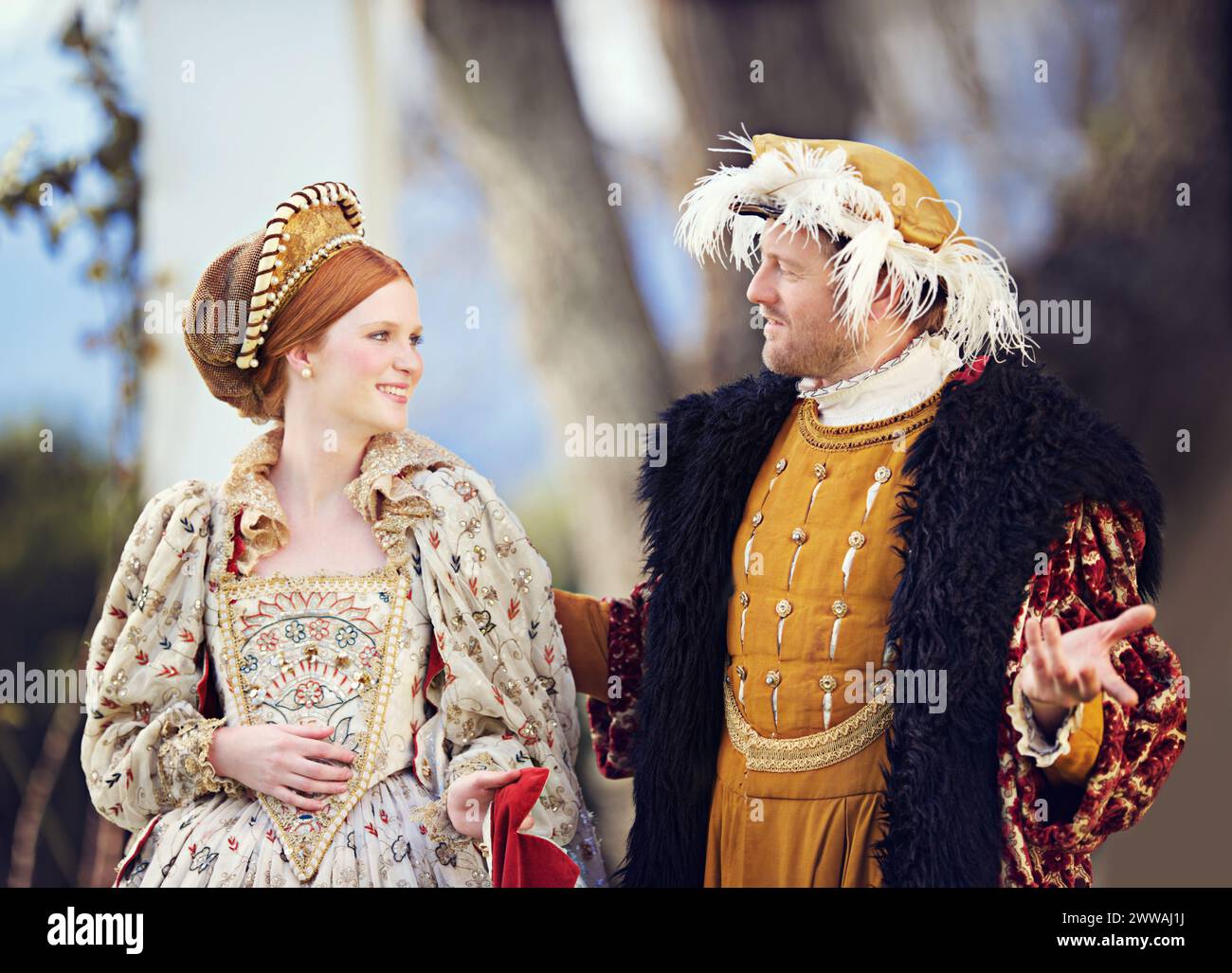Medieval, king and couple in history with renaissance fashion outdoor ...