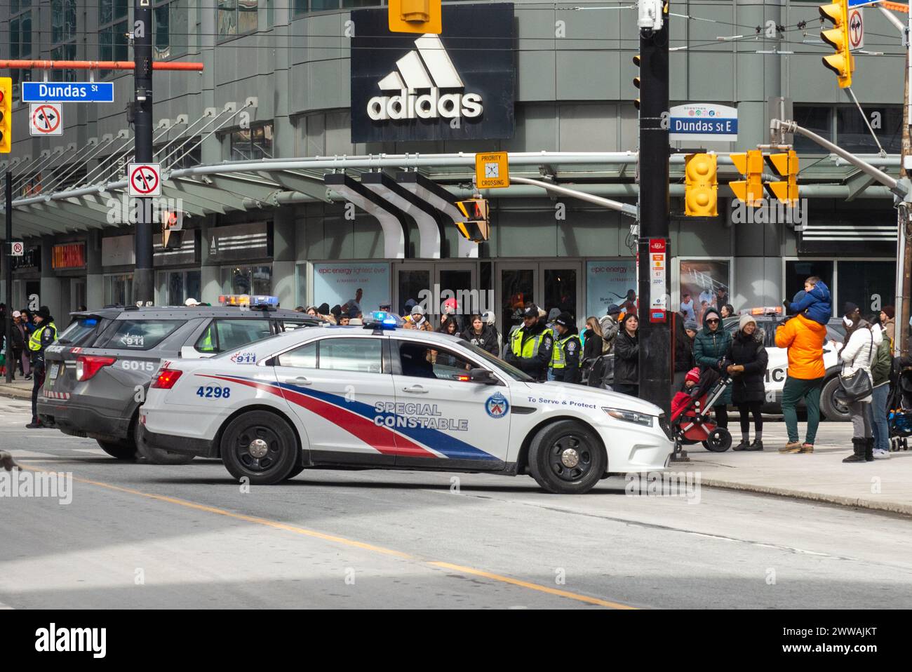 Toronto, ON, Canada - March 17, 2024: Mounted police patrol the streets ...