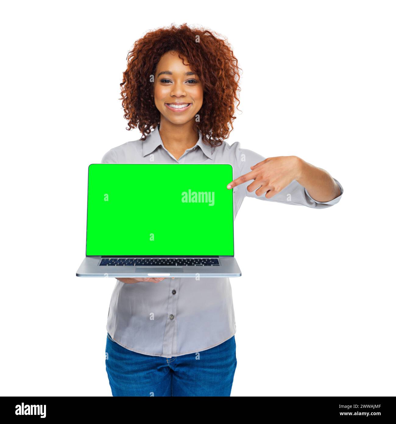 Laptop, green screen or woman face with hand pointing in studio for ...