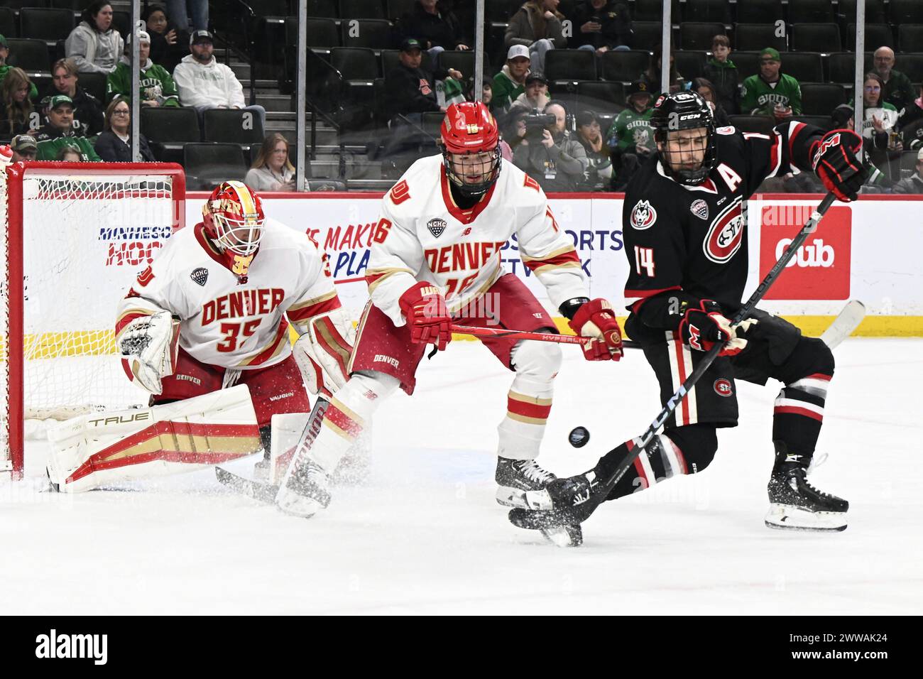 St. Cloud St. Huskies forward Zach Okabe (14) attempts to redirect a ...