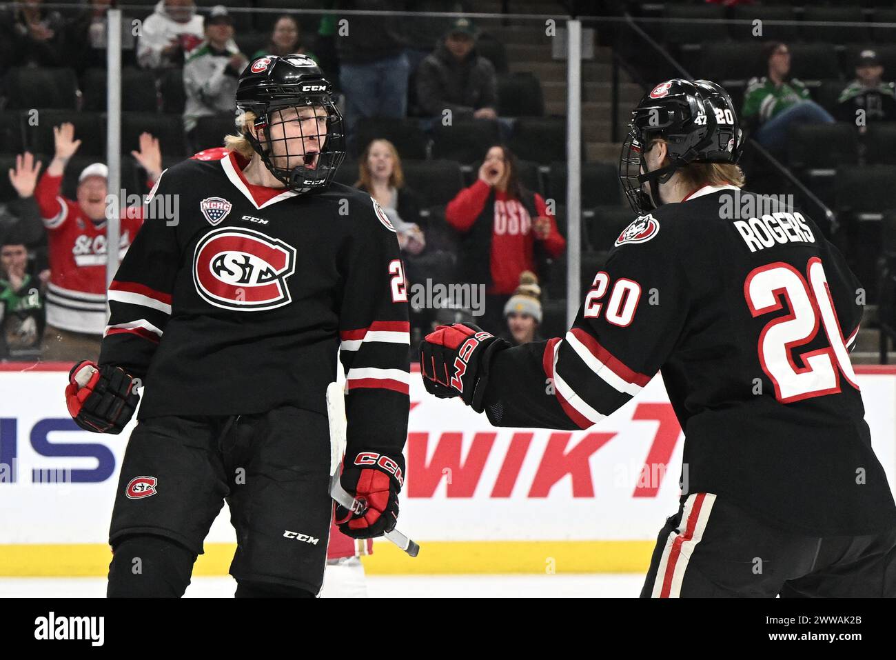 St. Cloud St. Huskies defenseman Cooper Wylie (26) celebrates scoring a ...
