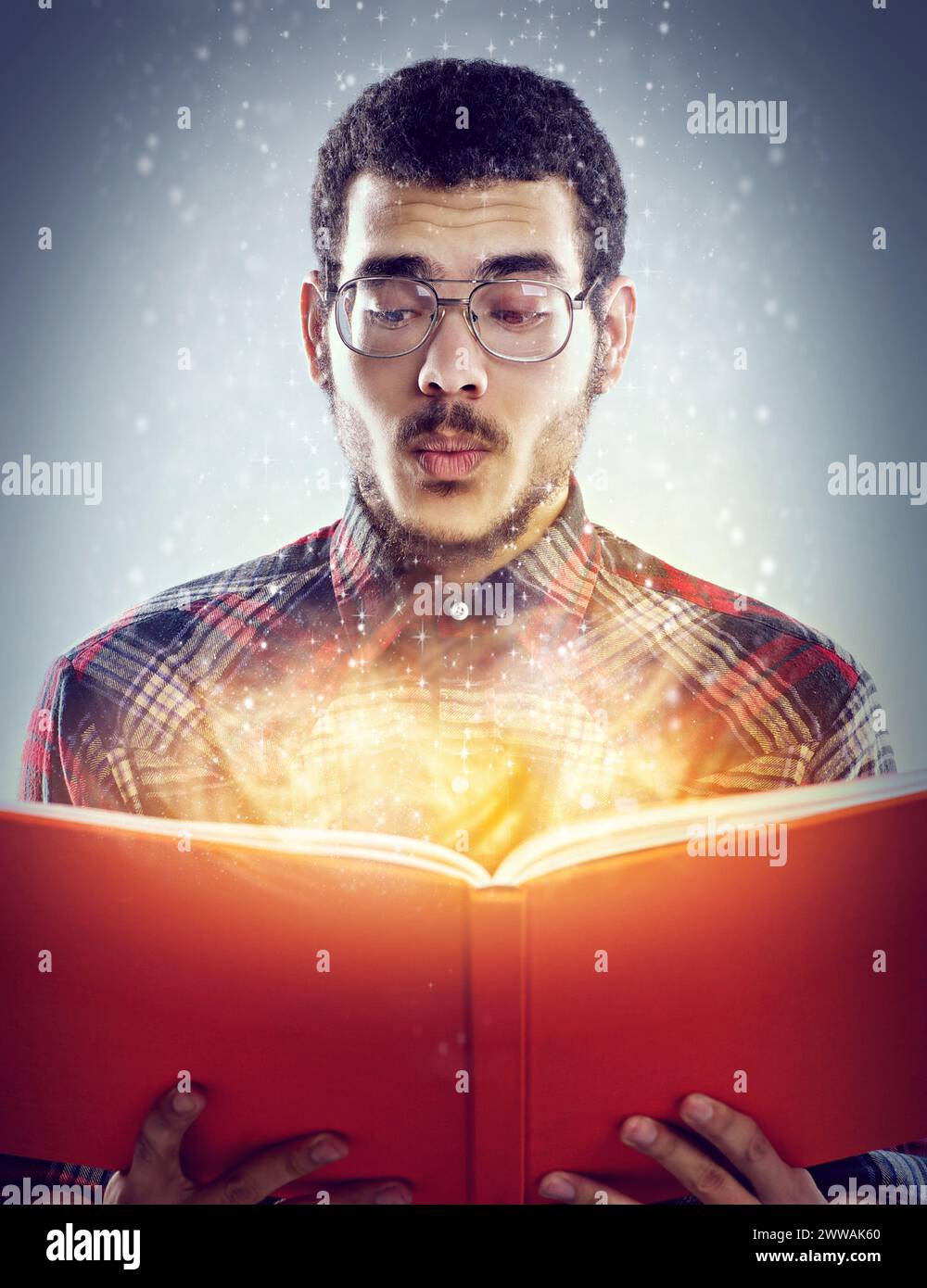Thinking, glowing book and man with story, fantasy and education on ...
