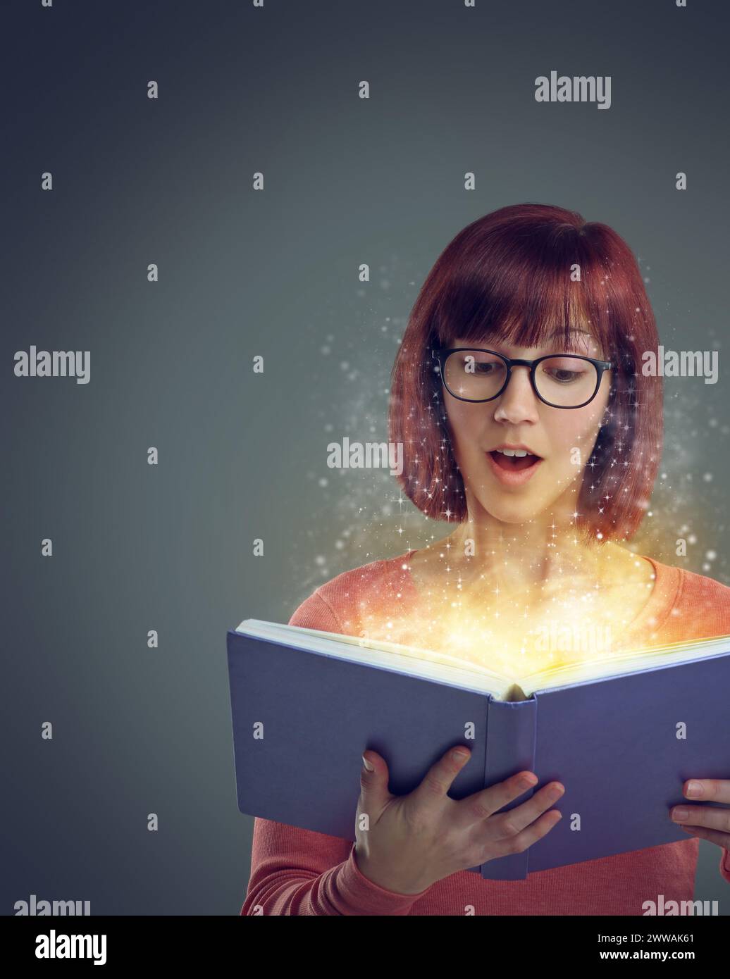 Woman, book and read for story, fairytale and wow facial expression for ...