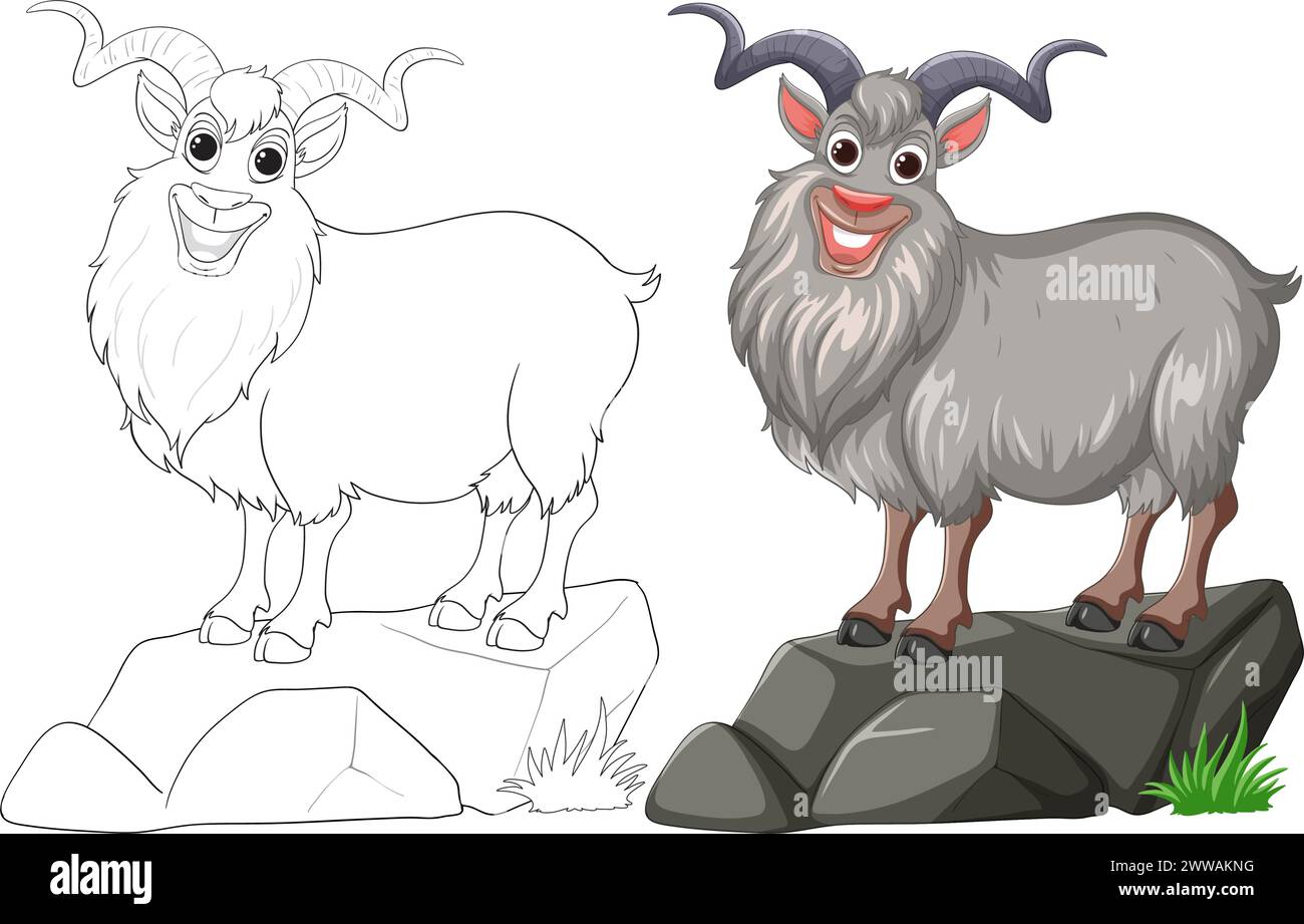 Coloring page and colored illustration of a mountain goat Stock Vector ...