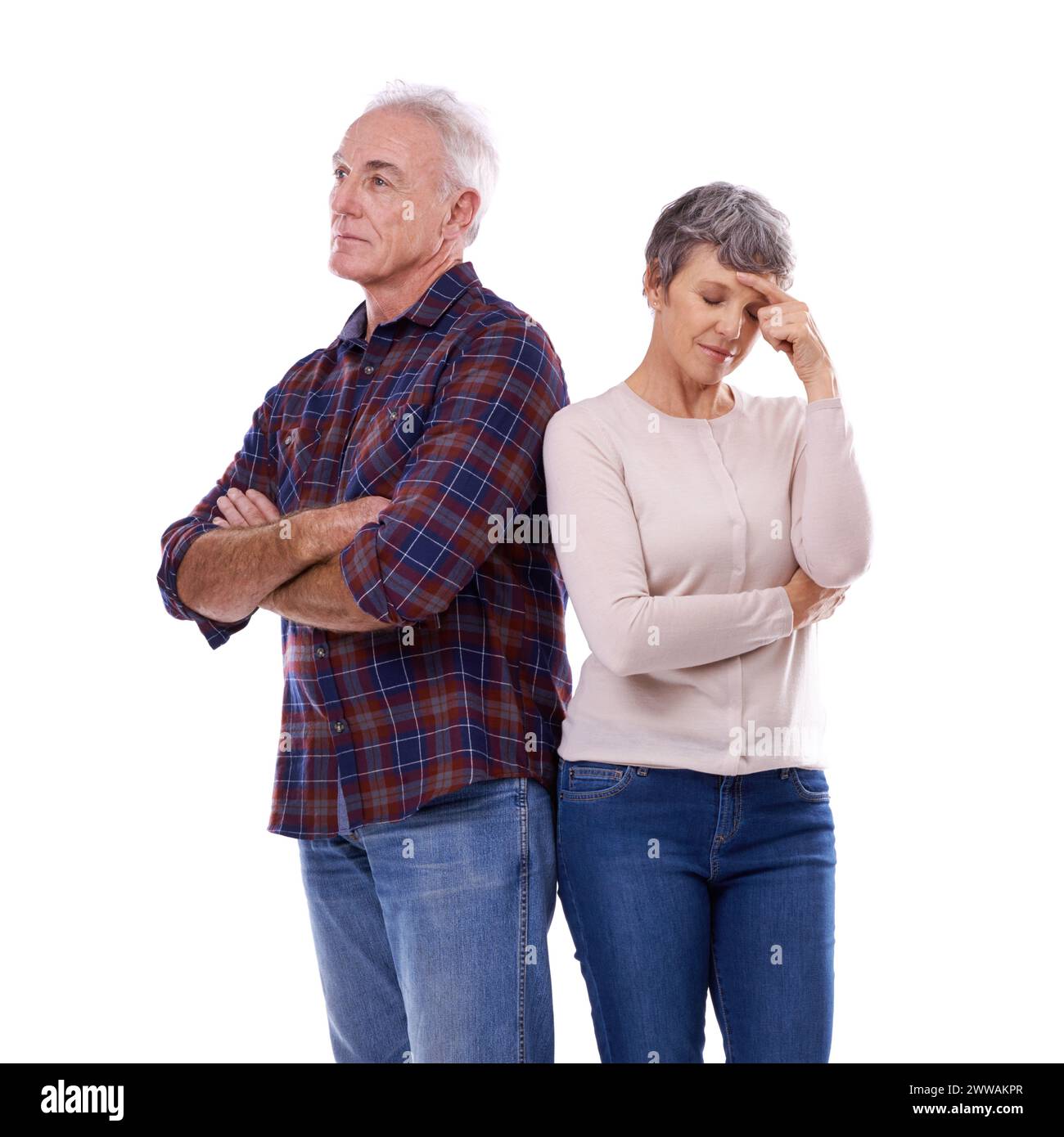 Upset, unhappy and senior couple in studio for stressed, frustrated and ...