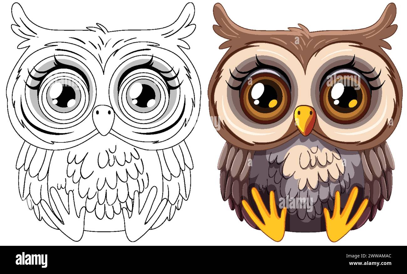 Two stylized owls, one colored and one line art Stock Vector Image ...