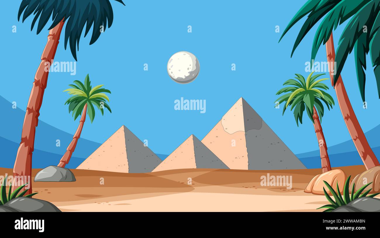 Vector illustration of pyramids with moon and palm trees Stock Vector ...