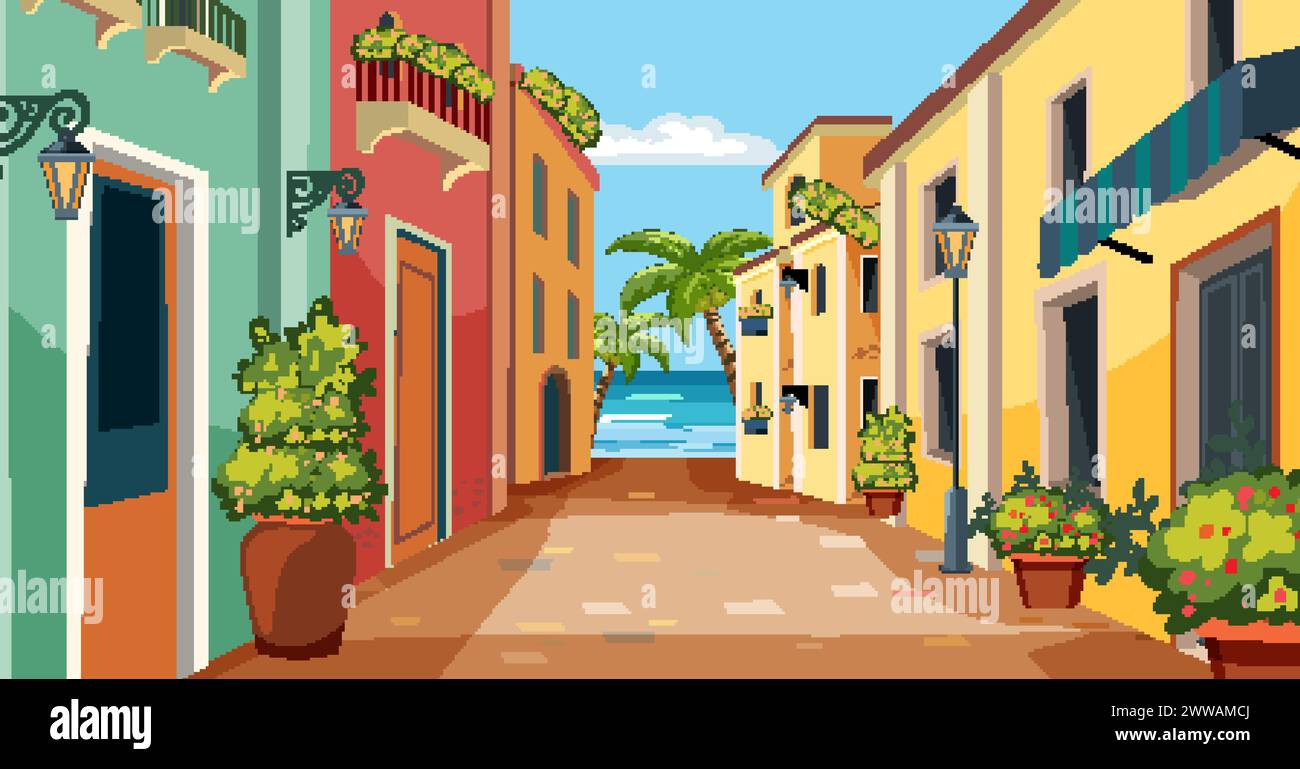 Vector illustration of a sunny seaside town street Stock Vector Image ...