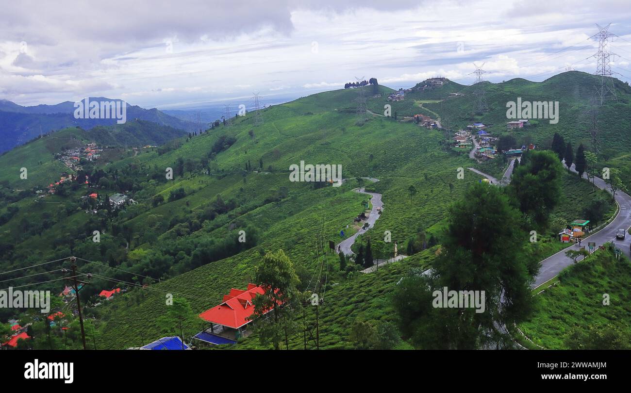 panorama of lush green himalaya mountain foothills and famous ...