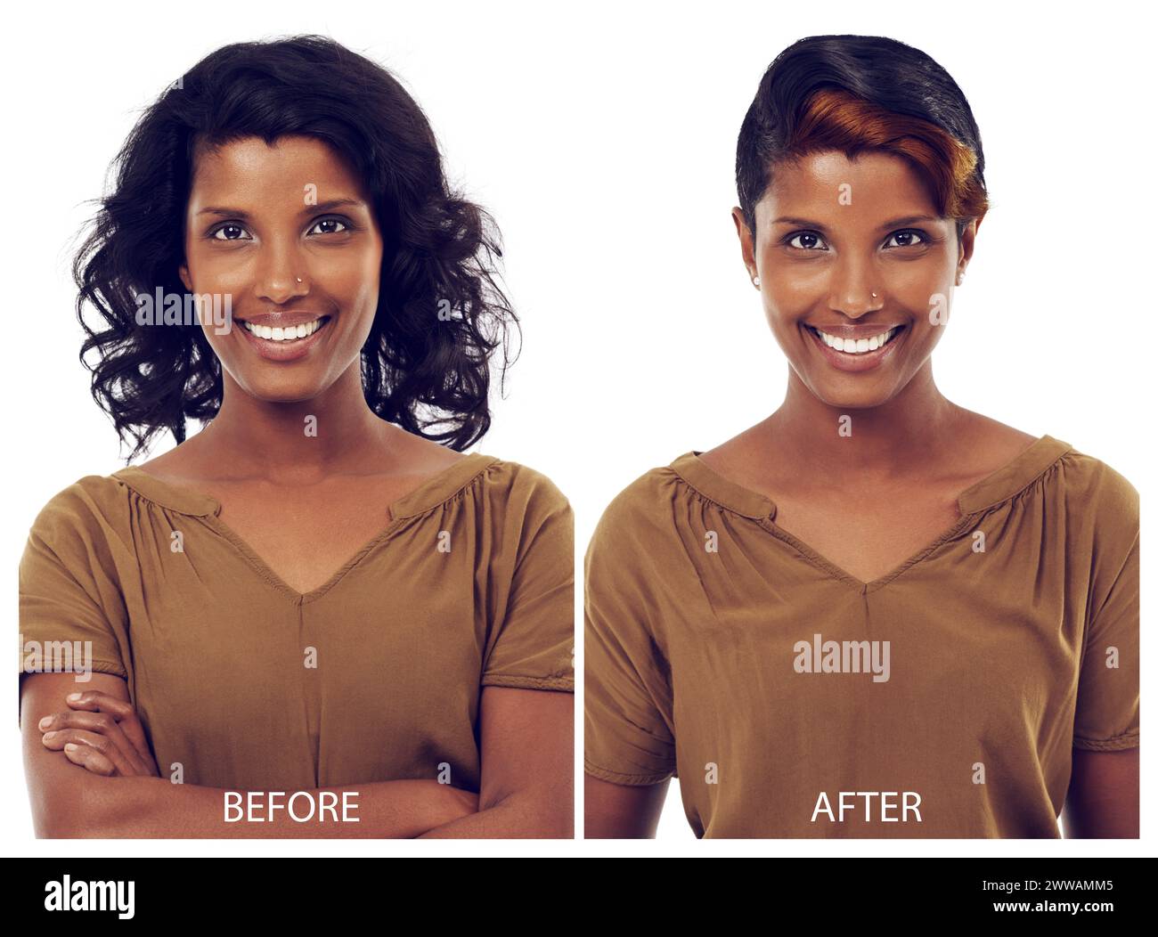 Makeover, woman or smile with portrait for hair care with cosmetic ...