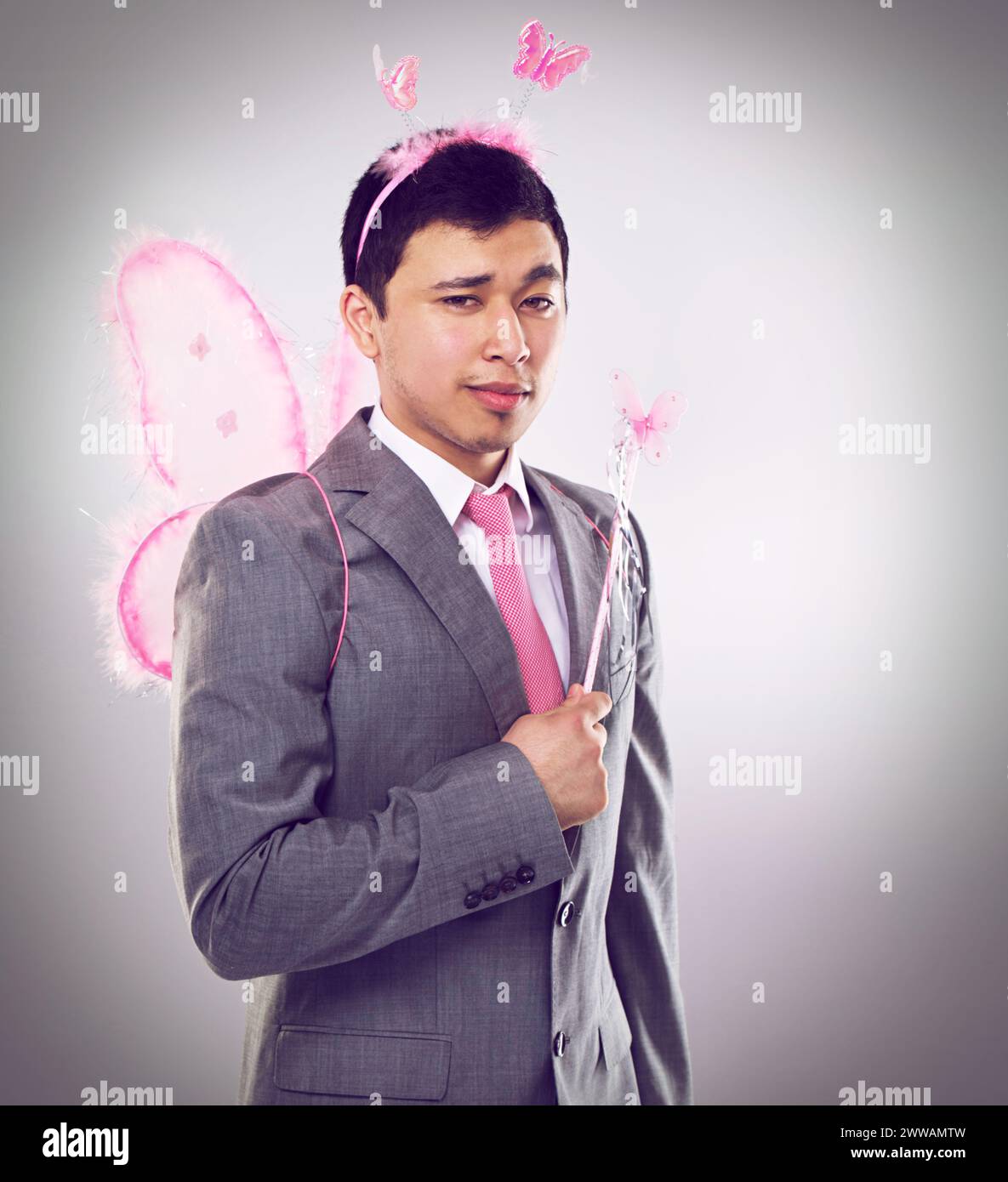 Corporate, man in fairy costume and portrait with magic in business for ...