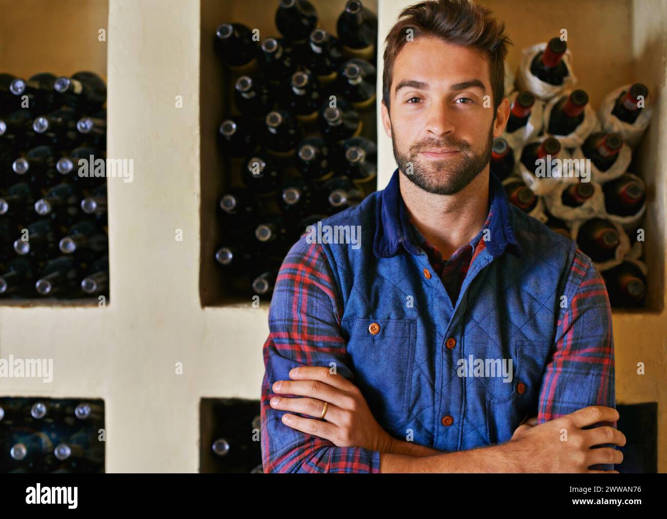Wine cellar, man and portrait with alcohol, bottle and drink choice of ...