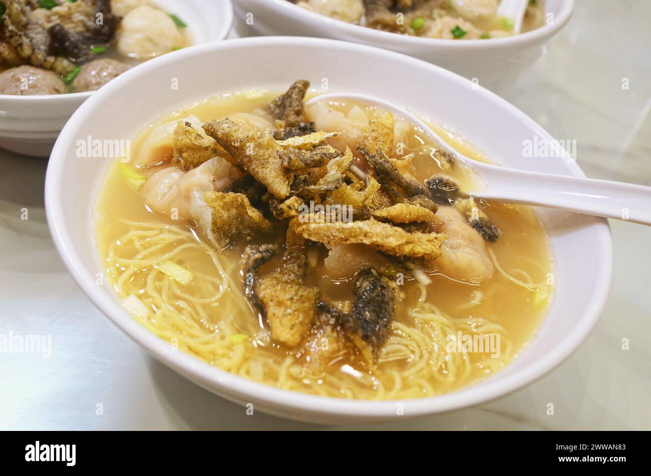 A bowl of Wonton noodles with fried fish skin topping Stock Photo - Alamy