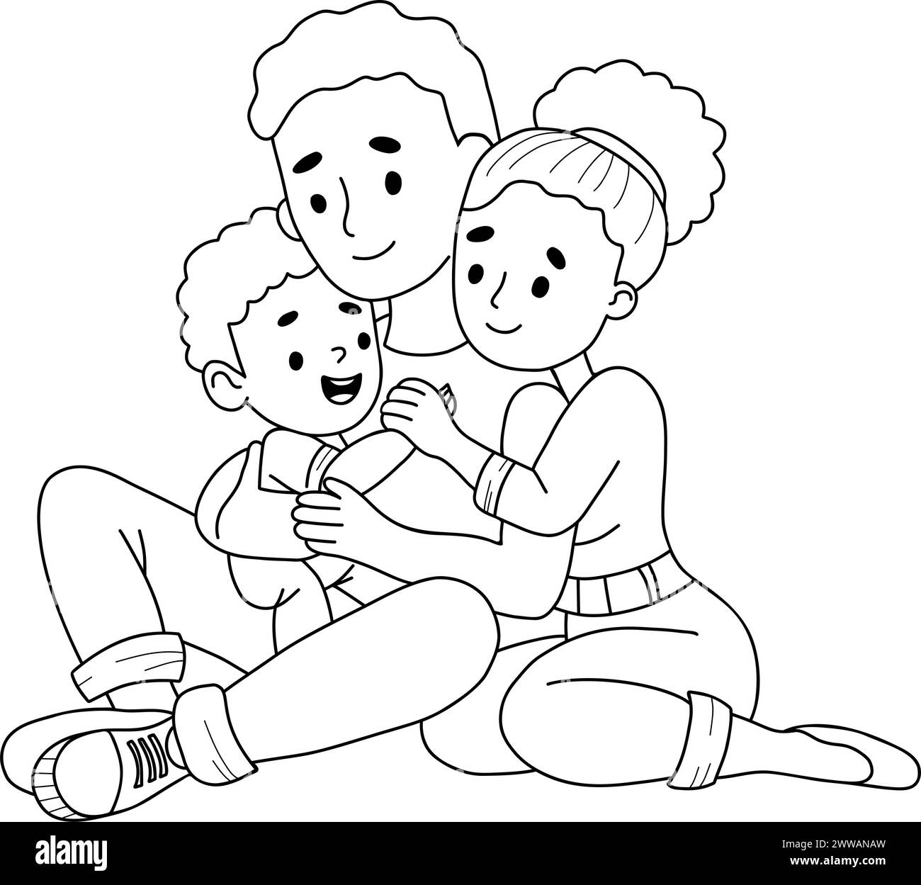 Cute family. Happy sitting woman mother and husband with smiling child ...