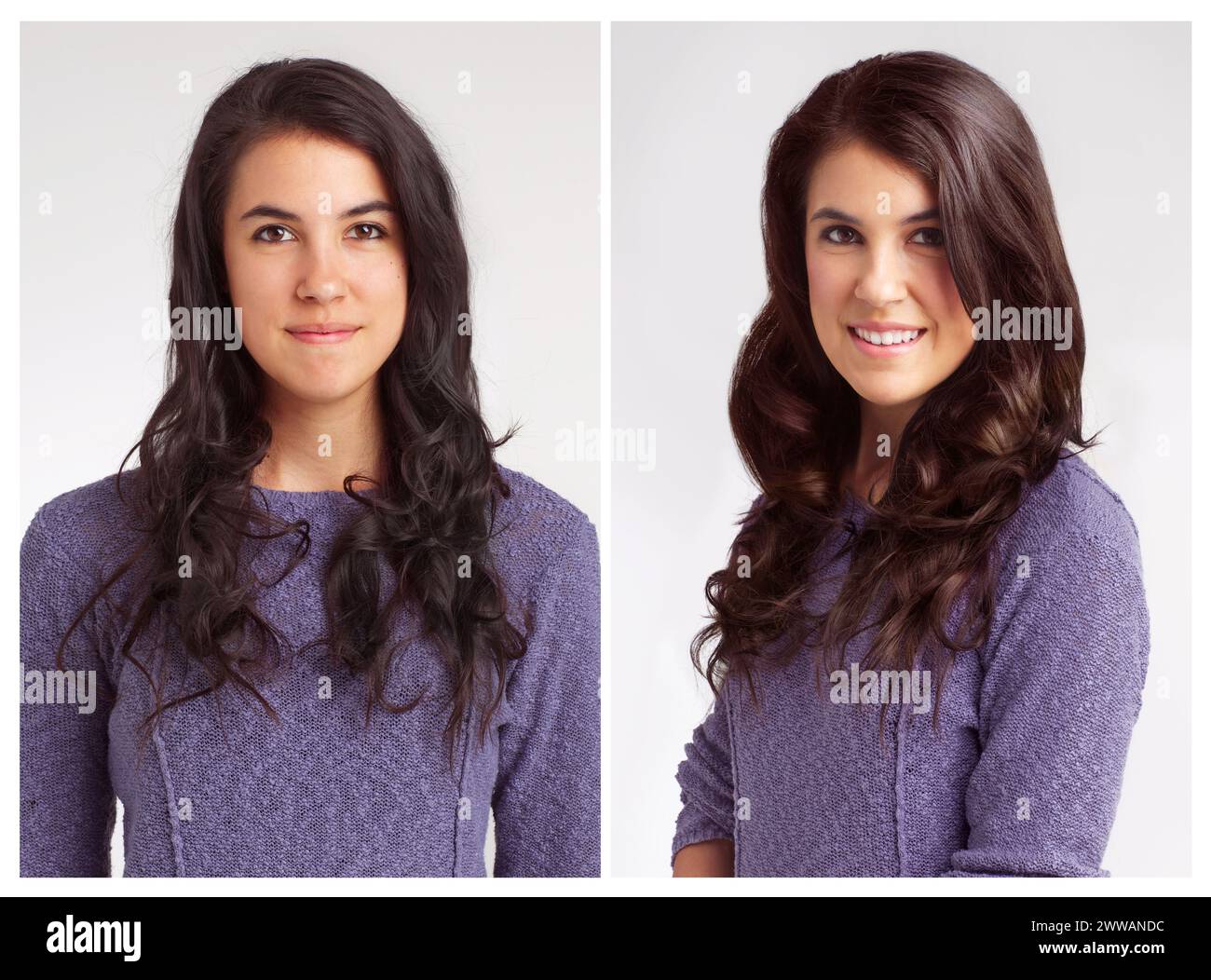 Makeover, woman and portrait with smile for hair care with cosmetics ...