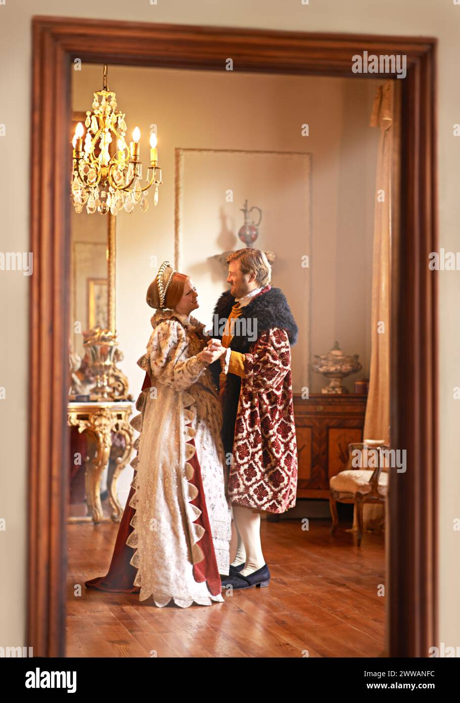 Dance, man and woman in royal castle together with vintage love ...