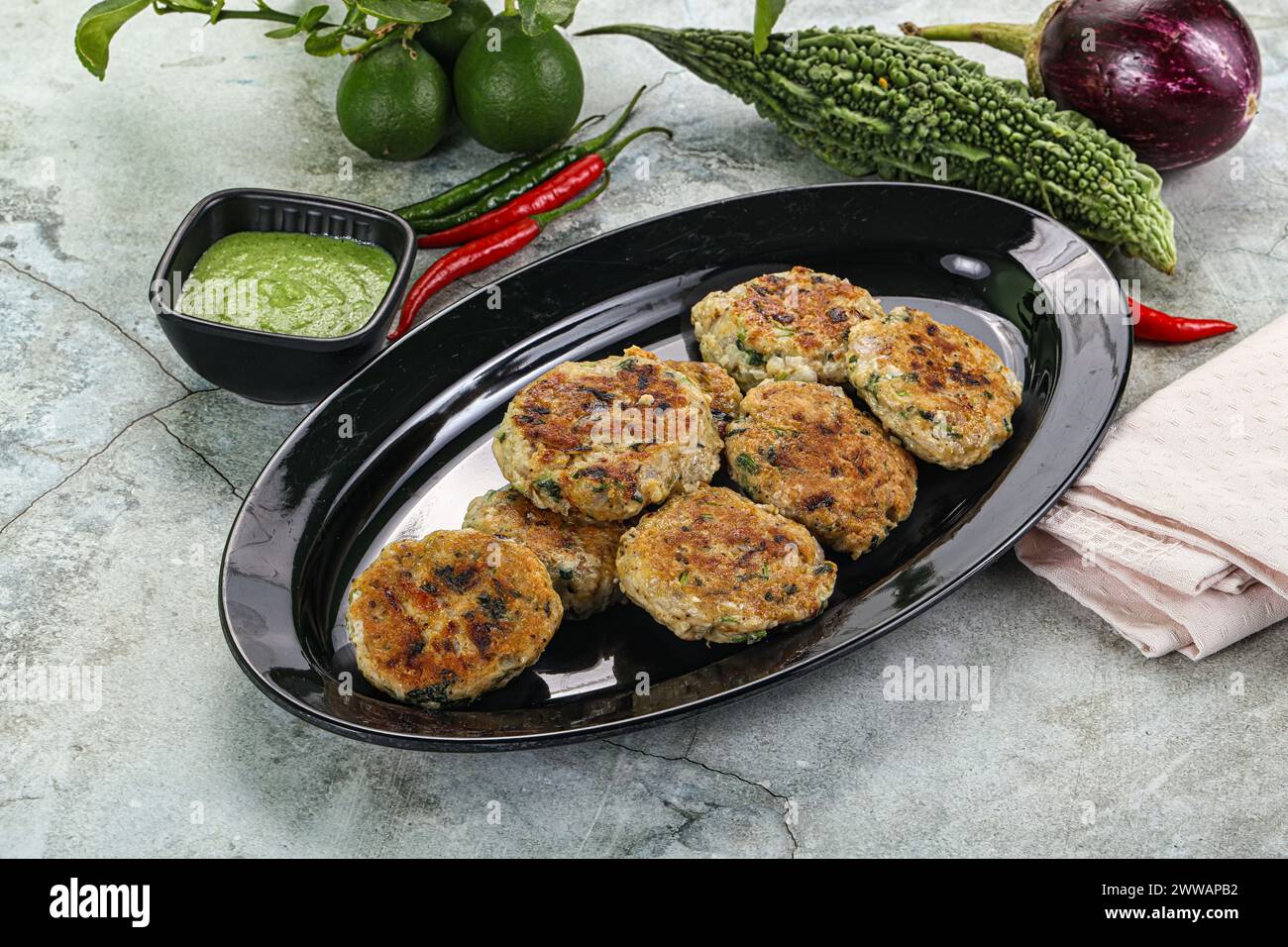 Indian style - chicken kebab minced meat with herbs Stock Photo - Alamy