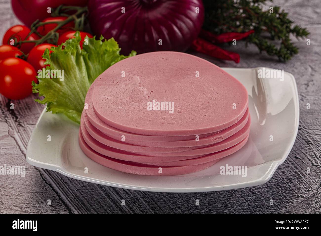 Boiled pork sliced sausage stack for breakfast Stock Photo - Alamy