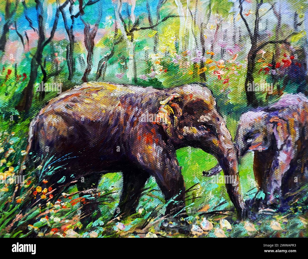 Art painting Oil color Elephant family thailand Stock Photo - Alamy