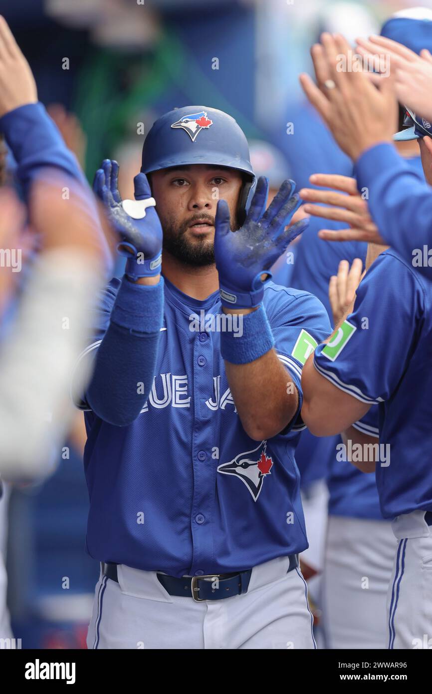 Dunedin, FL: Toronto Blue Jays shortstop Isiah Kiner-Falefa (7) is celebrated in the dugout ...