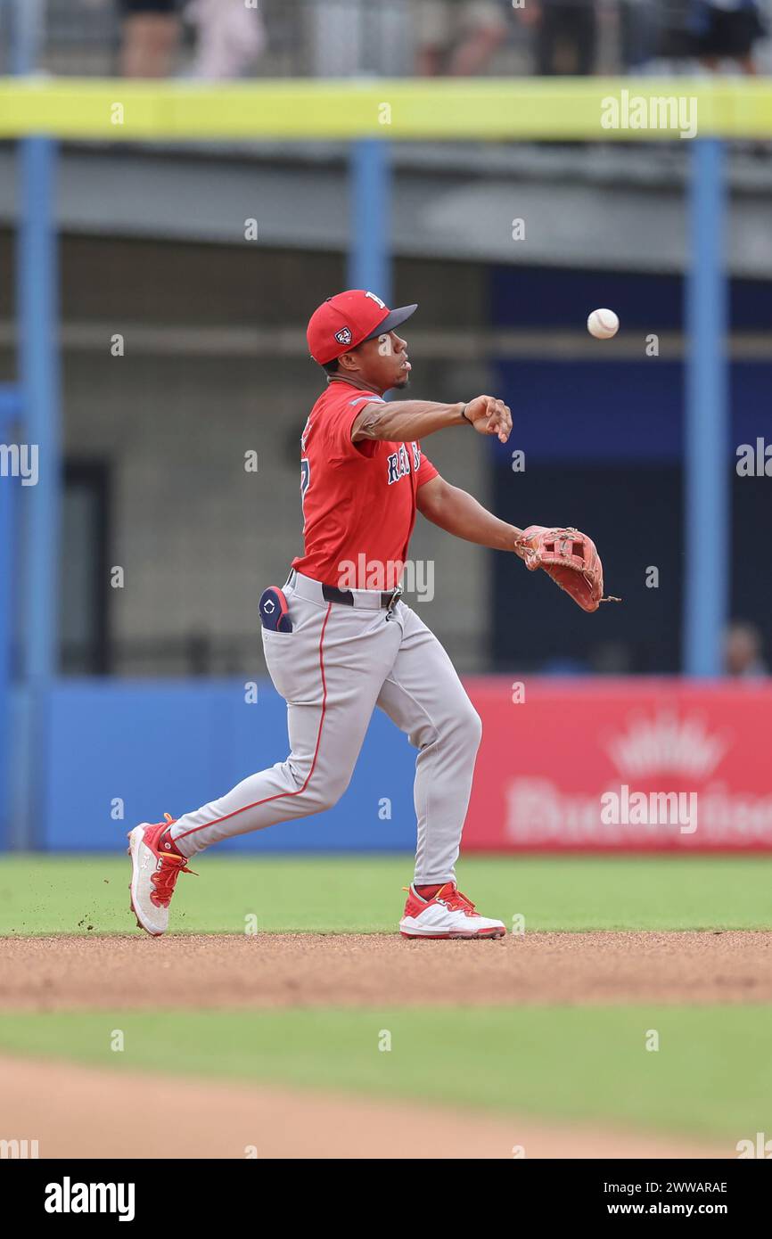 Dunedin, FL: Boston Red Sox second baseman Enmanuel Valdez (47) throws ...