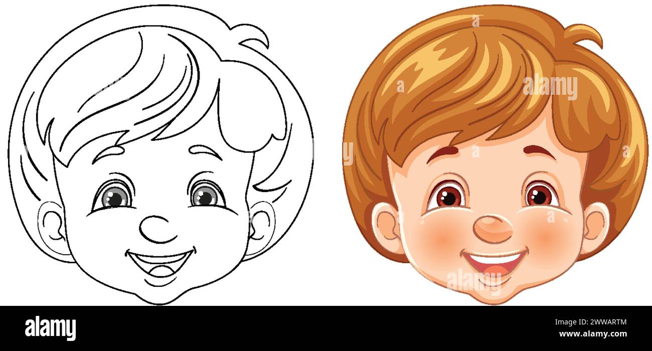 Vector illustration of a child's face, colored and line art Stock ...