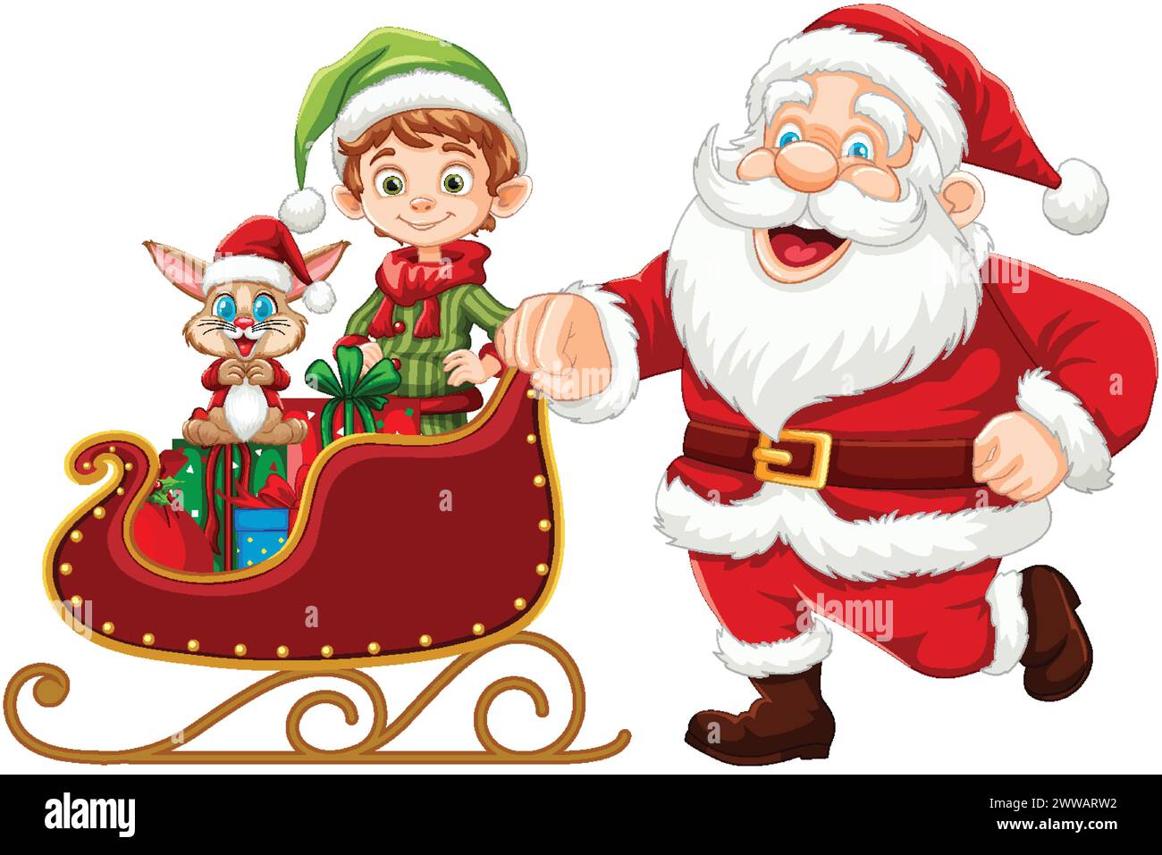 Santa, elf, and reindeer with a sleigh of presents Stock Vector Image ...
