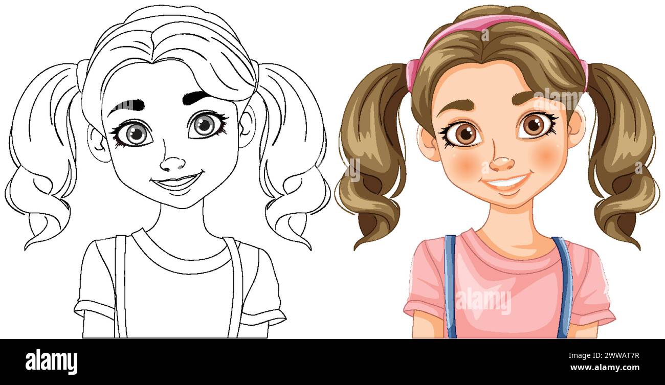 Vector illustration of a girl, before and after coloring Stock Vector ...
