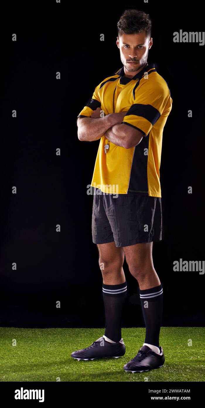 Portrait, referee or man with arms crossed in sports game on turf ready ...