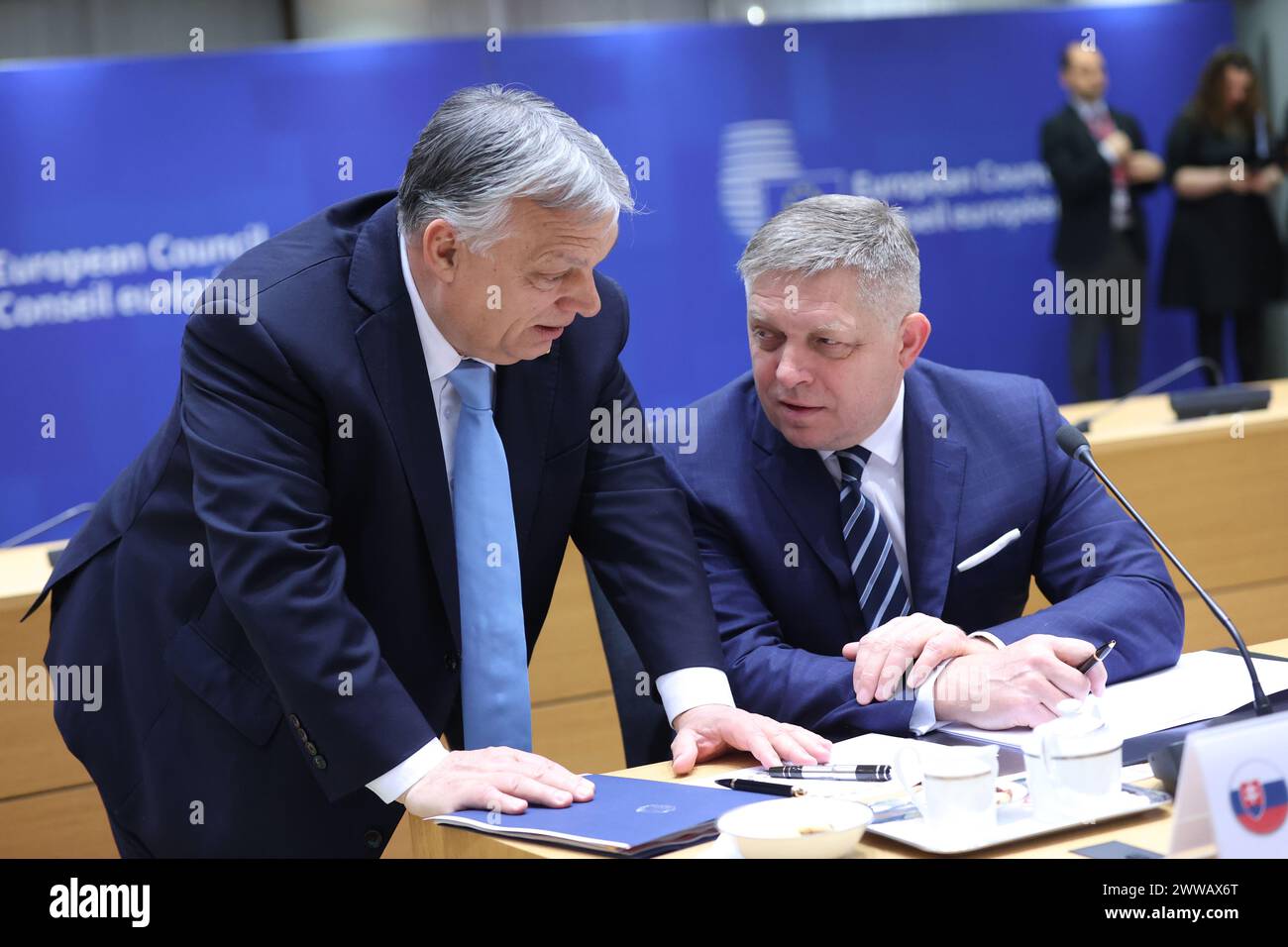 Brussels, Belgium. 22nd Mar, 2024. Slovak Prime Minister Robert Fico (R ...
