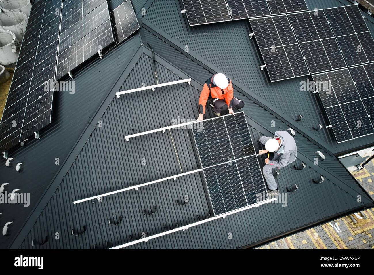 Aerial view engineer install solar hi-res stock photography and images ...