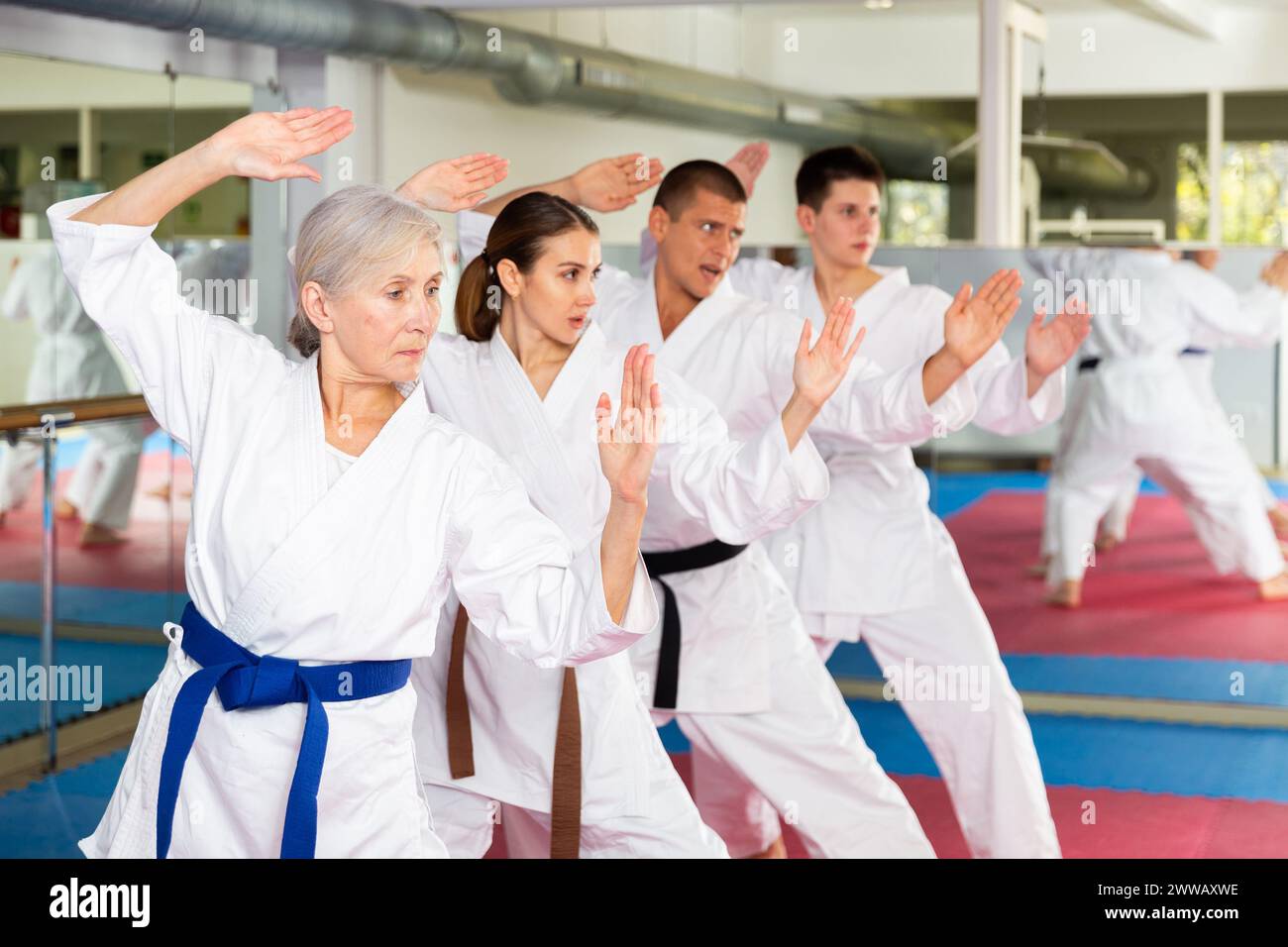 Karate or taekwondo training - athletes in kimono stand in fighting ...